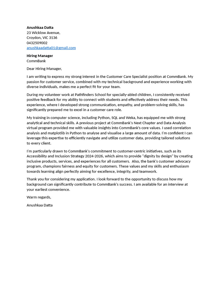 Cover Letter Commbank | PDF