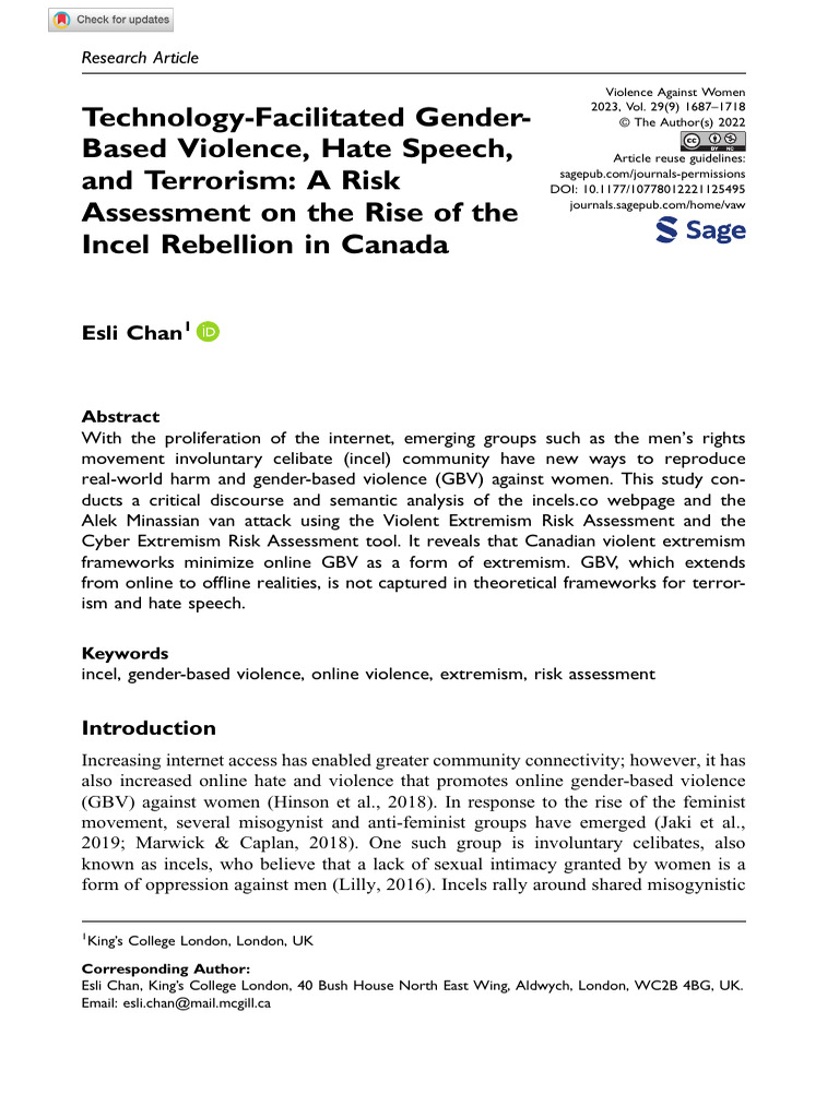 Technology-Facilitated Gender- Based Violence, Hate Speech, and Terrorism: A Risk Assessment on ...