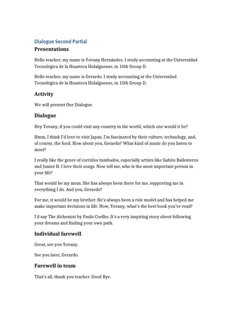 Dialogue Second Partial Yovany Hernandez | PDF