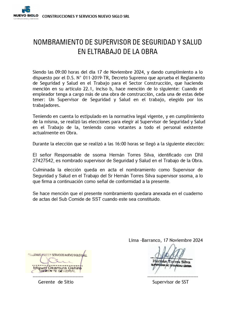 Nombramiento Supervisor SST Obra 2024 | PDF