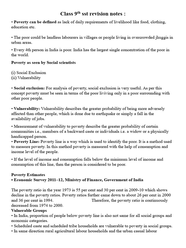 Class 9th SST Revision Notes | PDF | Poverty | Poverty & Homelessness