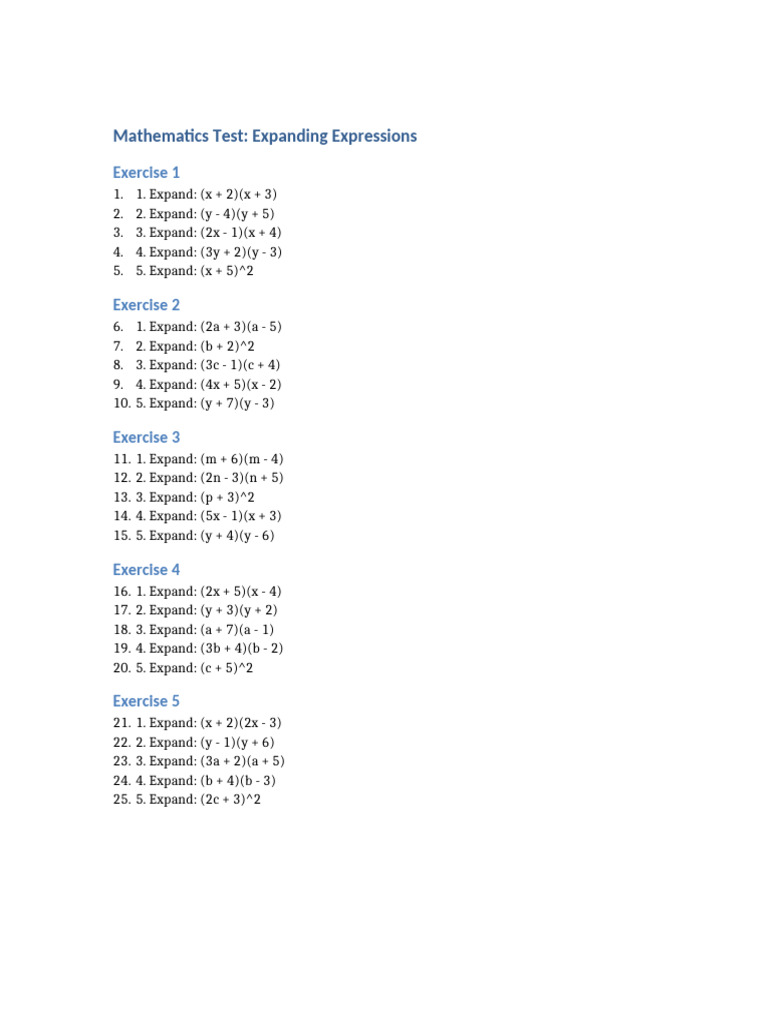Expanding Algebraic Expressions Exercises | PDF
