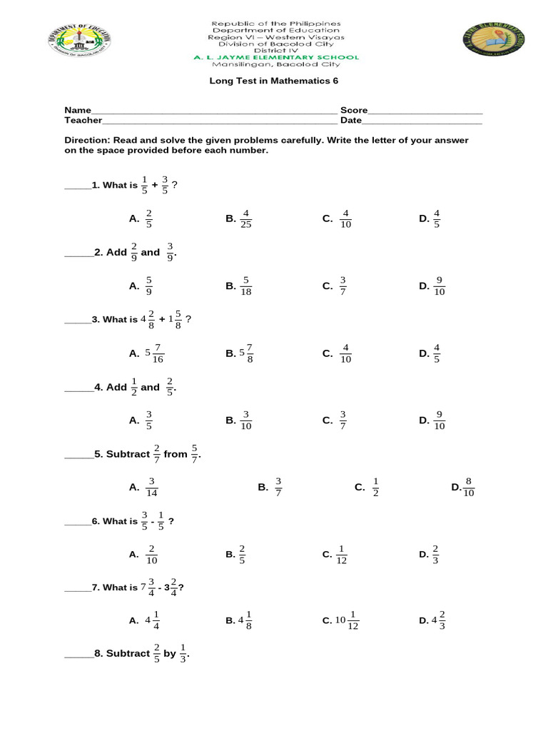 1st Quarter MATH 6 Exam Grade 6 FINAL W TOS | PDF | Subtraction | Numbers