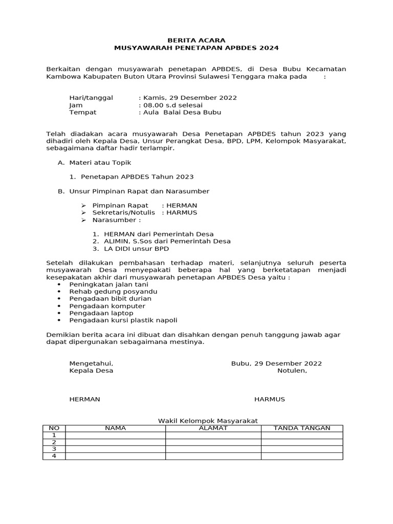 Berita Acara Musyawarah Rkpdes | PDF