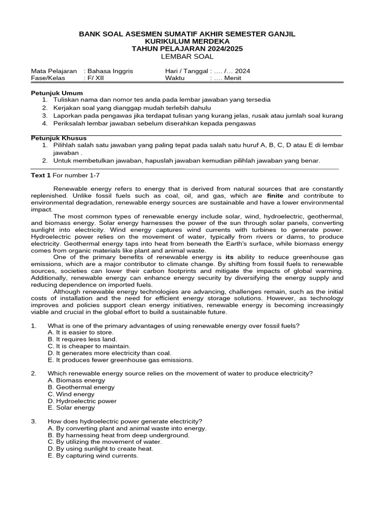 Bhs Inggris_KelasXII_Kumer_Soal | PDF | Energy Development | Renewable Energy