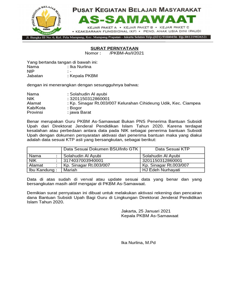 Surat Keterangan Biodata BSU | PDF