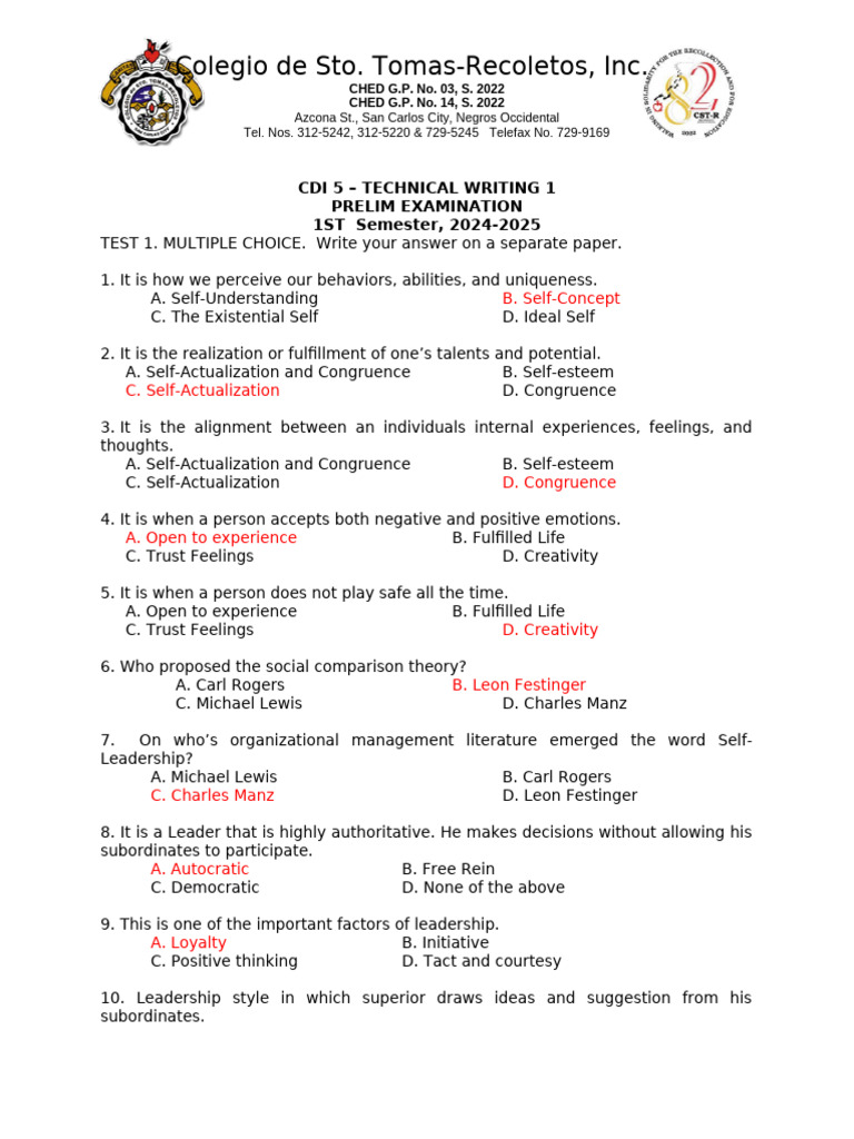 CFLM 2 Prelim (Key Answer) | PDF | Leadership | Self Actualization