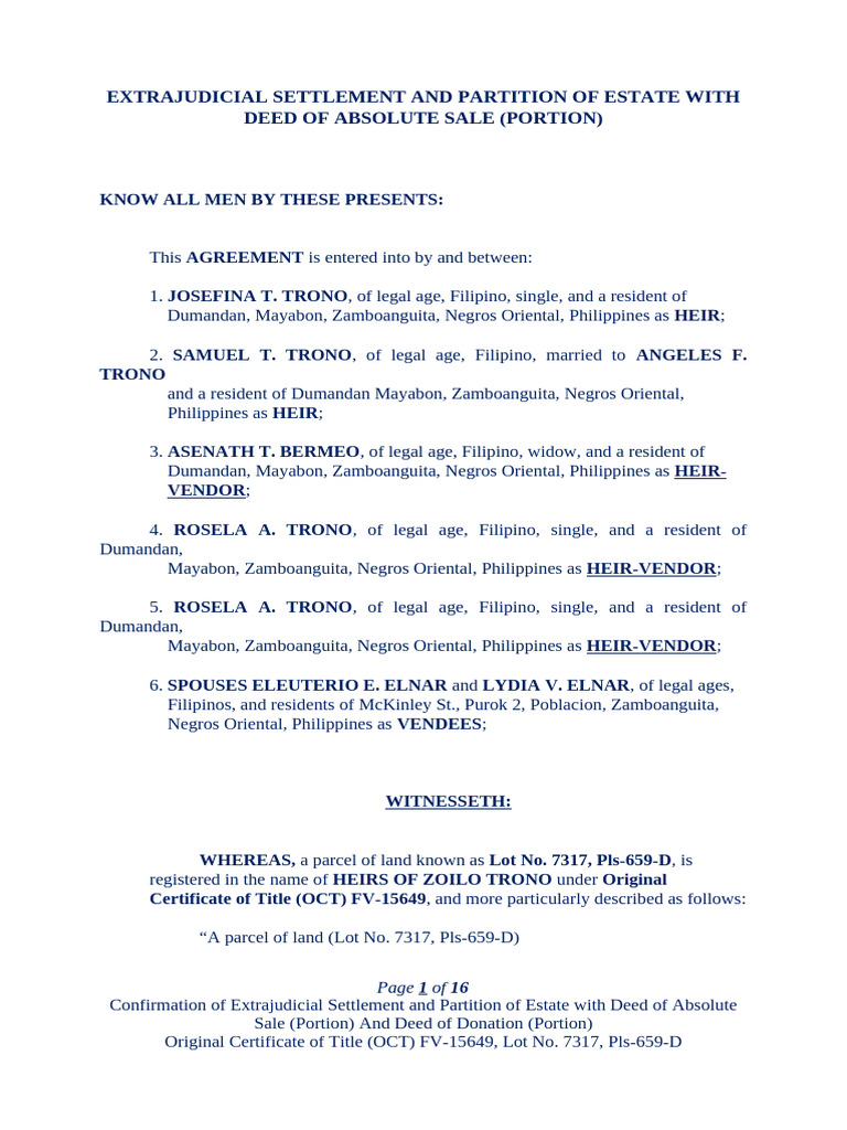 Extrajudicial Settlement and Partition of Estate With Deed of Absolute ...