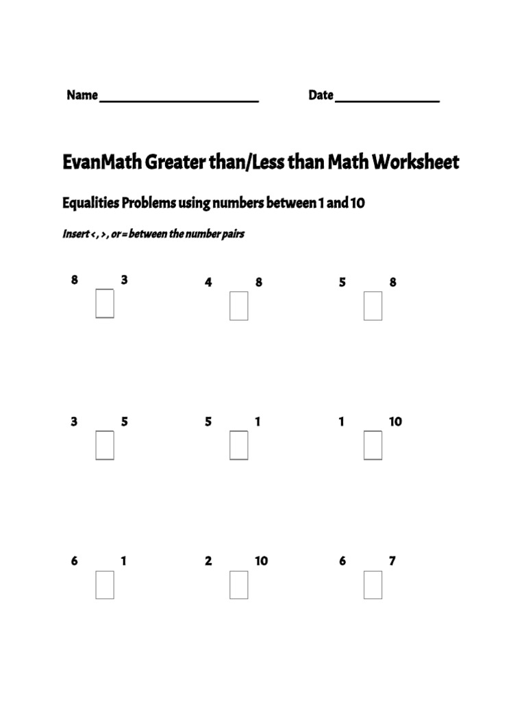 EvanMath Greater Than - Less Than Math Worksheet and Answers | PDF