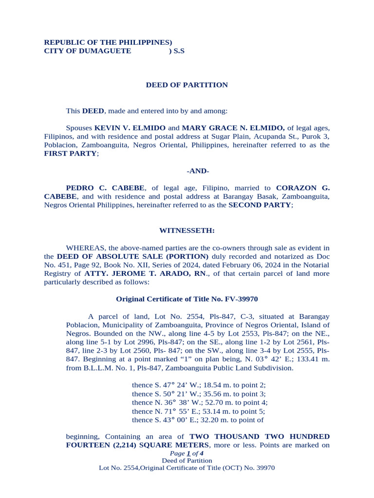 Deed of Partition-Eleuterio E. Elnar Et. Al With Headers | PDF | Civil ...