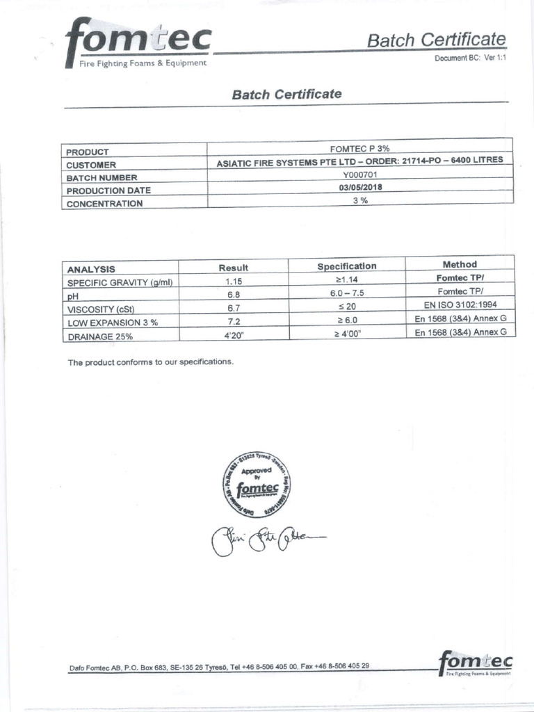 Fomtec P 3% Fire Foam Certification | PDF | Chemistry | Physical Sciences