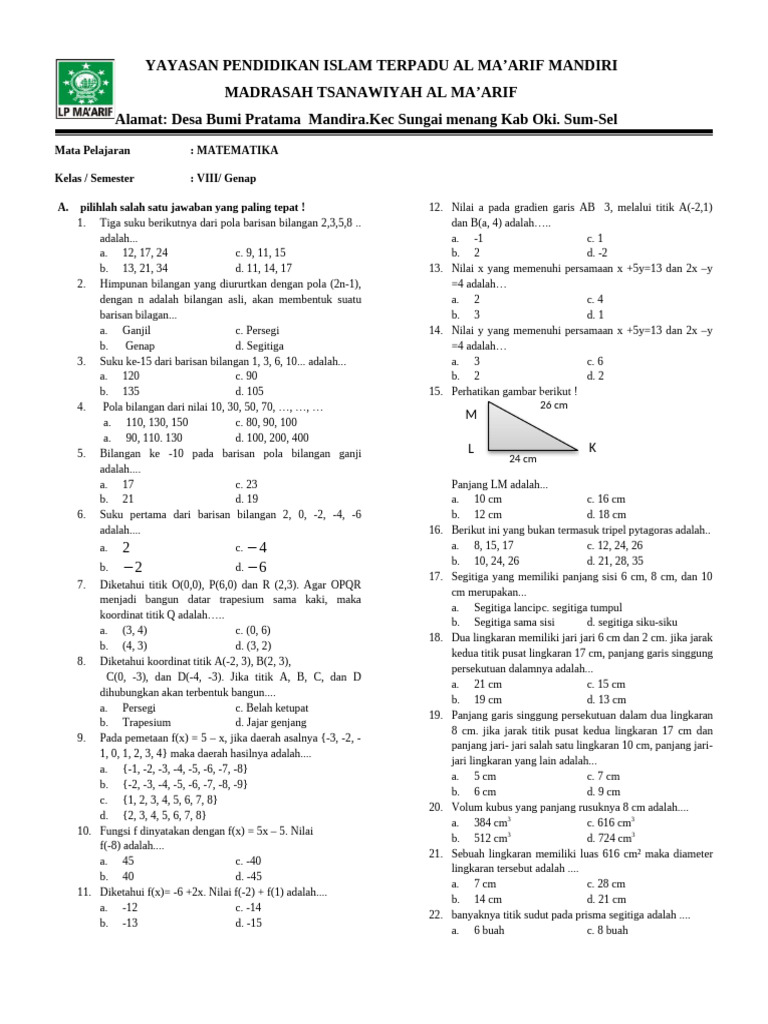Soal Uas MTK Kls 8 2023 | PDF
