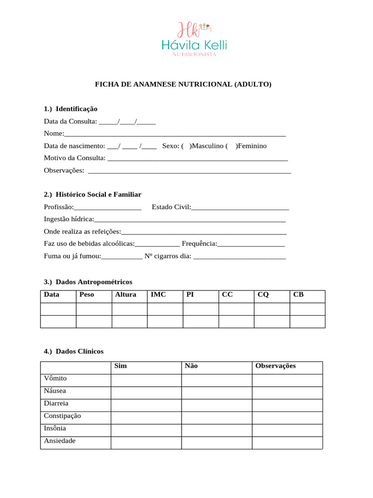 Anamnese Nutricional Adulta | PDF | Medicina Clínica | Especialidades médicas