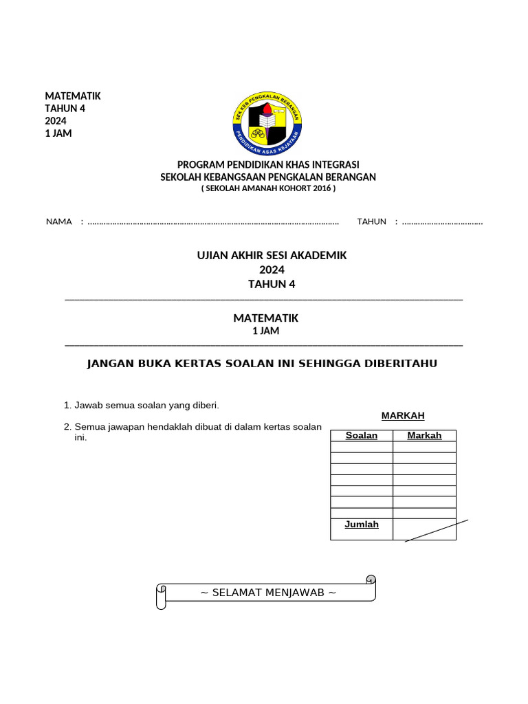 Ujian Akhir Matematika Tahun 4 2024 | PDF