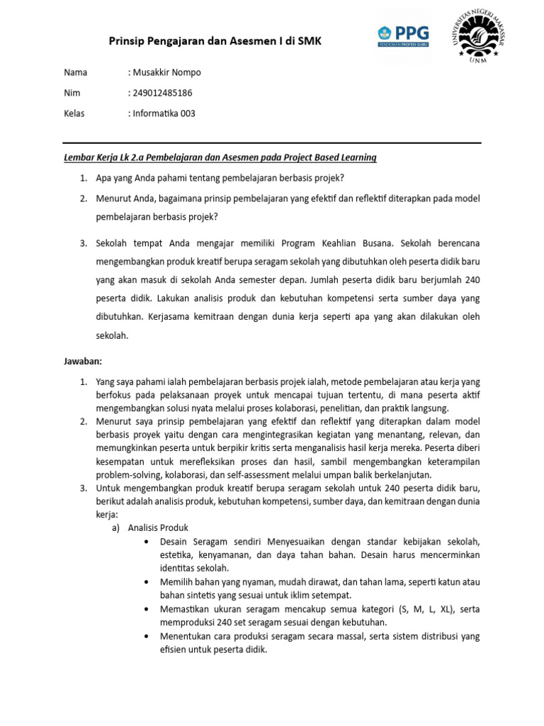 Lembar Kerja Lk 2.a Pembelajaran dan Asesmen pada Project Based ...