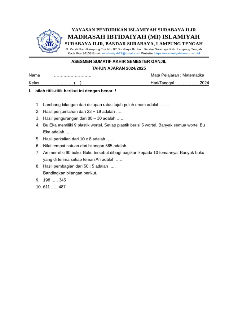 Soal Matematika Kls 3 Asas 2024-2025 Ganjil | PDF