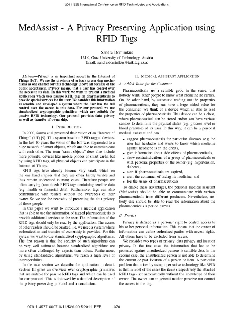 MedAssist - A Privacy Preserving Application Using RFID Tags | PDF | Public Key Cryptography ...