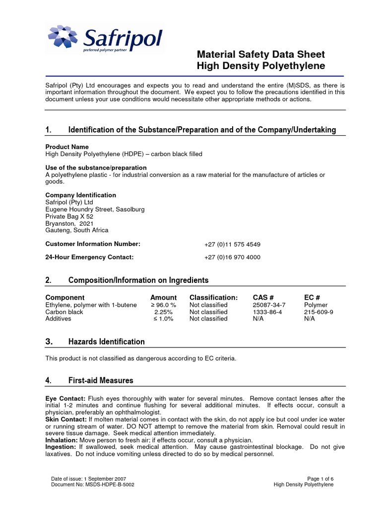 HDPE MSDS | PDF | Firefighting | Fires