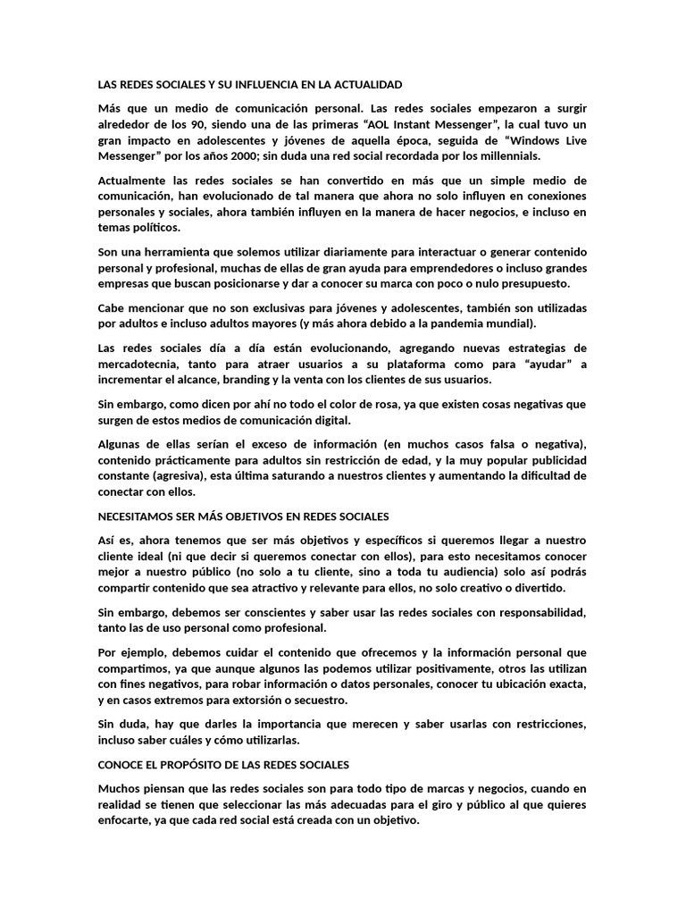 Las Redes Sociales y Su Influencia en La Actualidad | PDF | Servicio de ...
