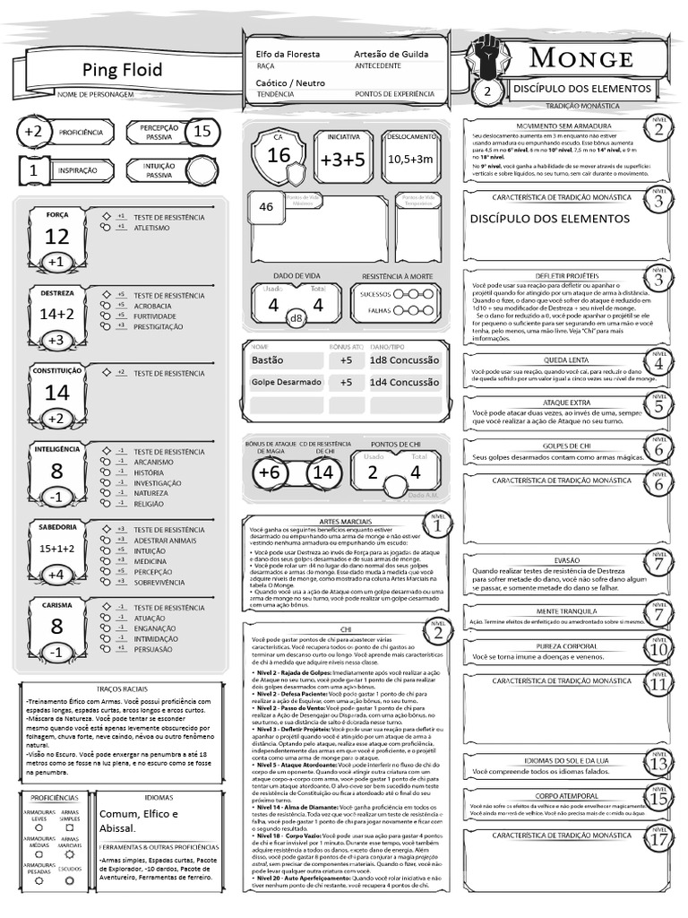 DnD 5e - Ficha - Monge Nivel 4 - Vitor - Editável | PDF