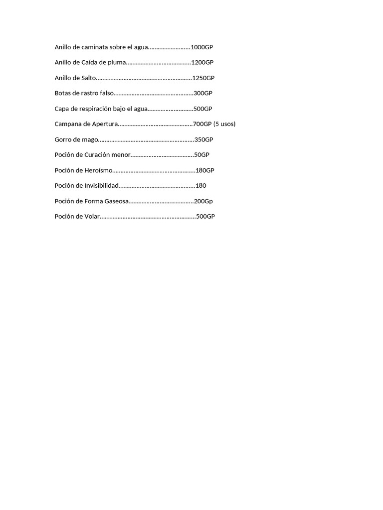 Objetos mágicos y sus precios | PDF