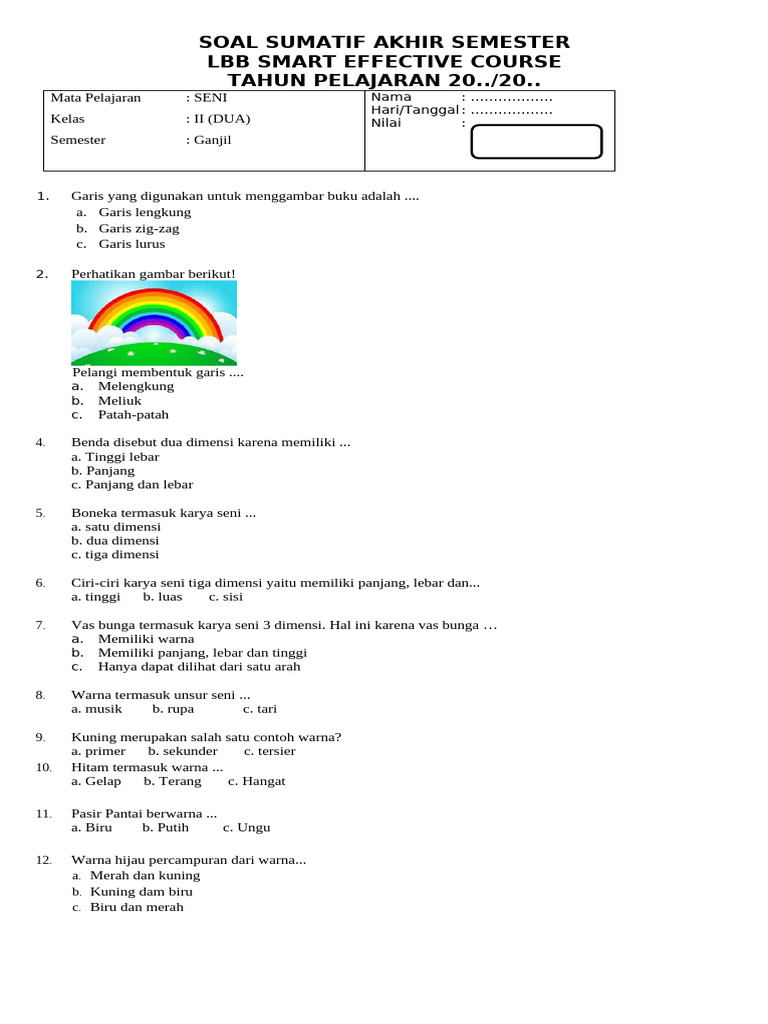 Soal Pas SBDP Kelas 2 Semester 1 | PDF