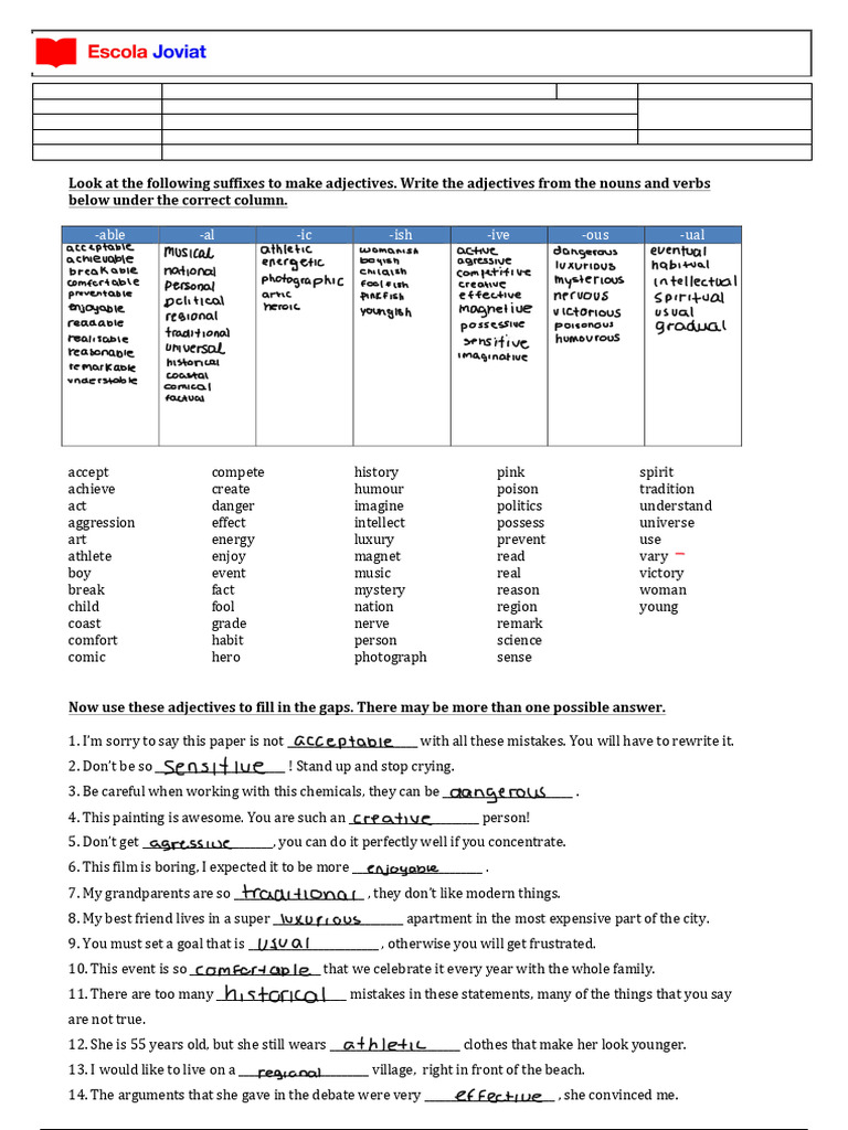 Adjective Suffixes Worksheet | PDF | Adjective | Grammar