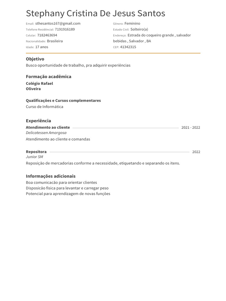 Stephany Cristina de Jesus Santos - Currículo | PDF