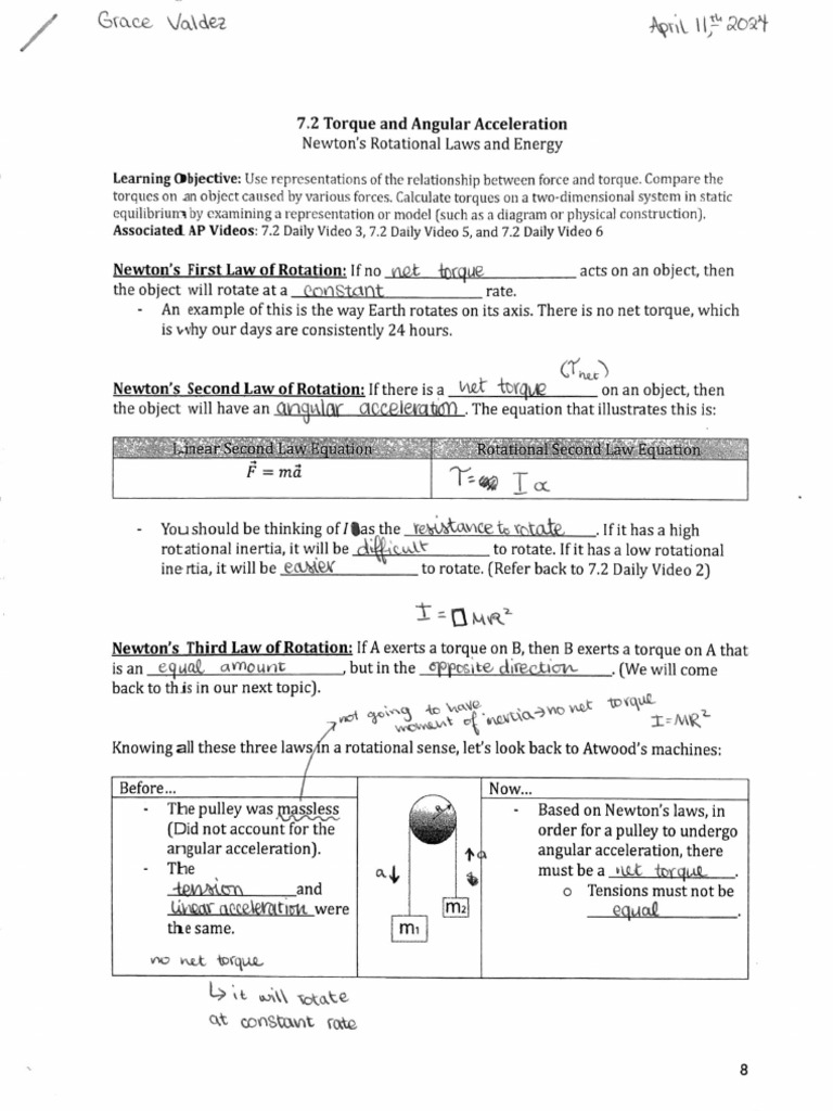 7.2 Torque and Angular Acceleration Notes 2 | PDF