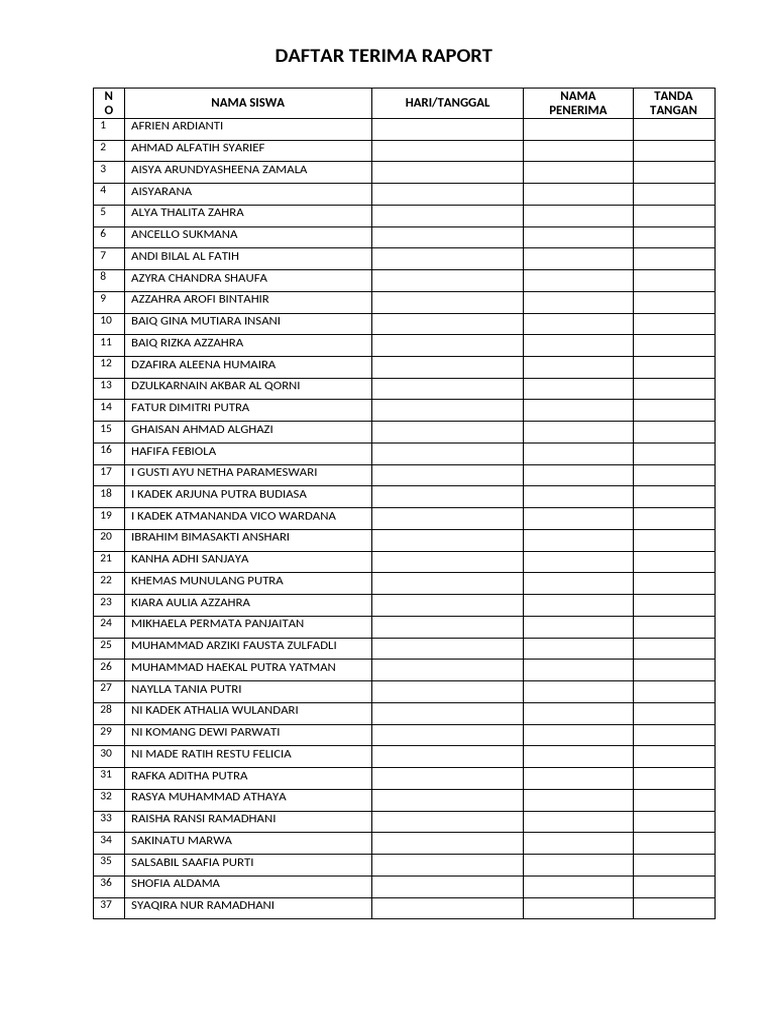 Daftar Penerimaan Rapot 2B | PDF