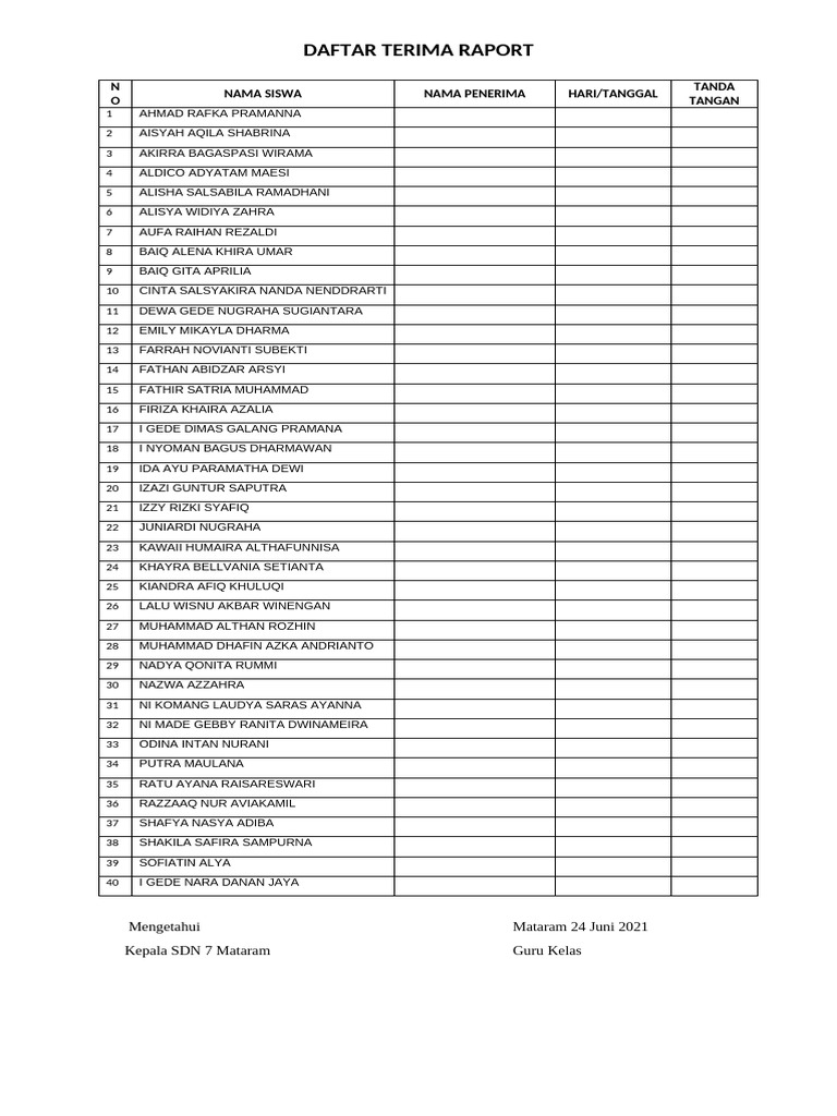Daftar Penerimaan Rapot | PDF