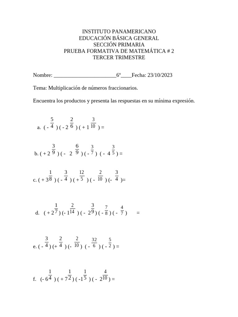 Prueba Formativa 2 Multiplicacion de Fracciones | PDF