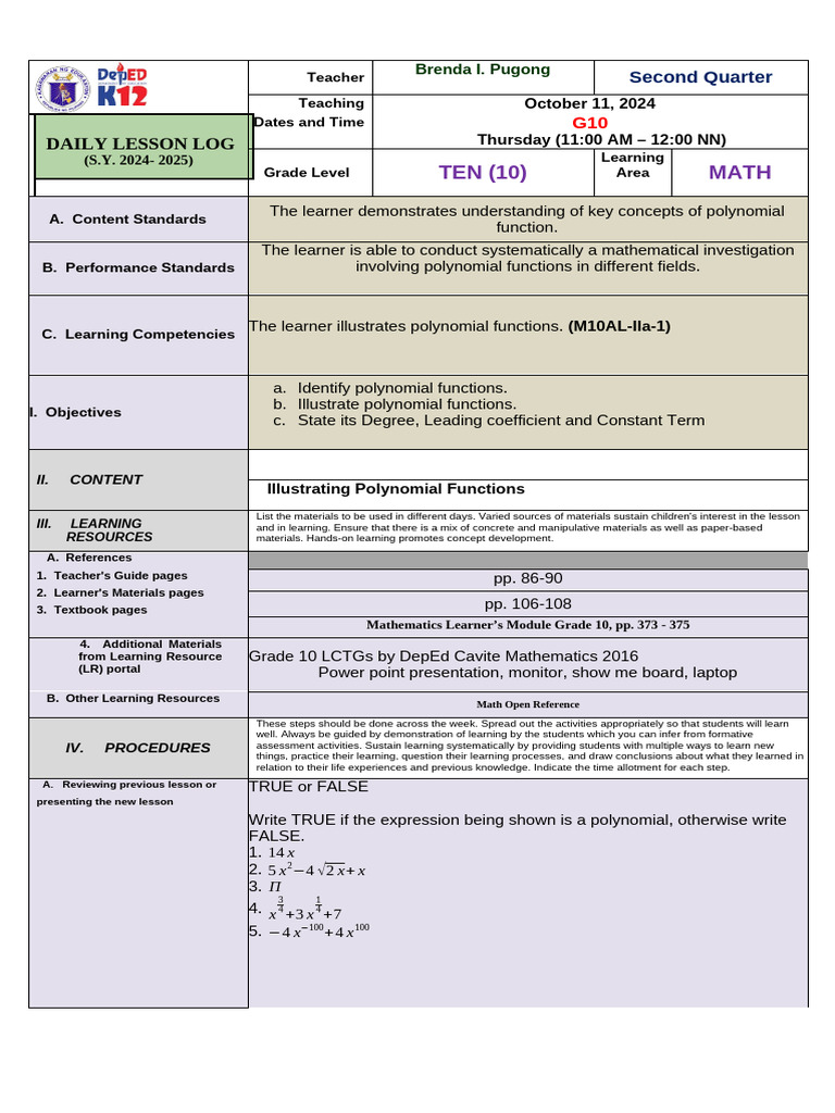 Cot - Math 10-Second Quarter | PDF | Polynomial | Learning