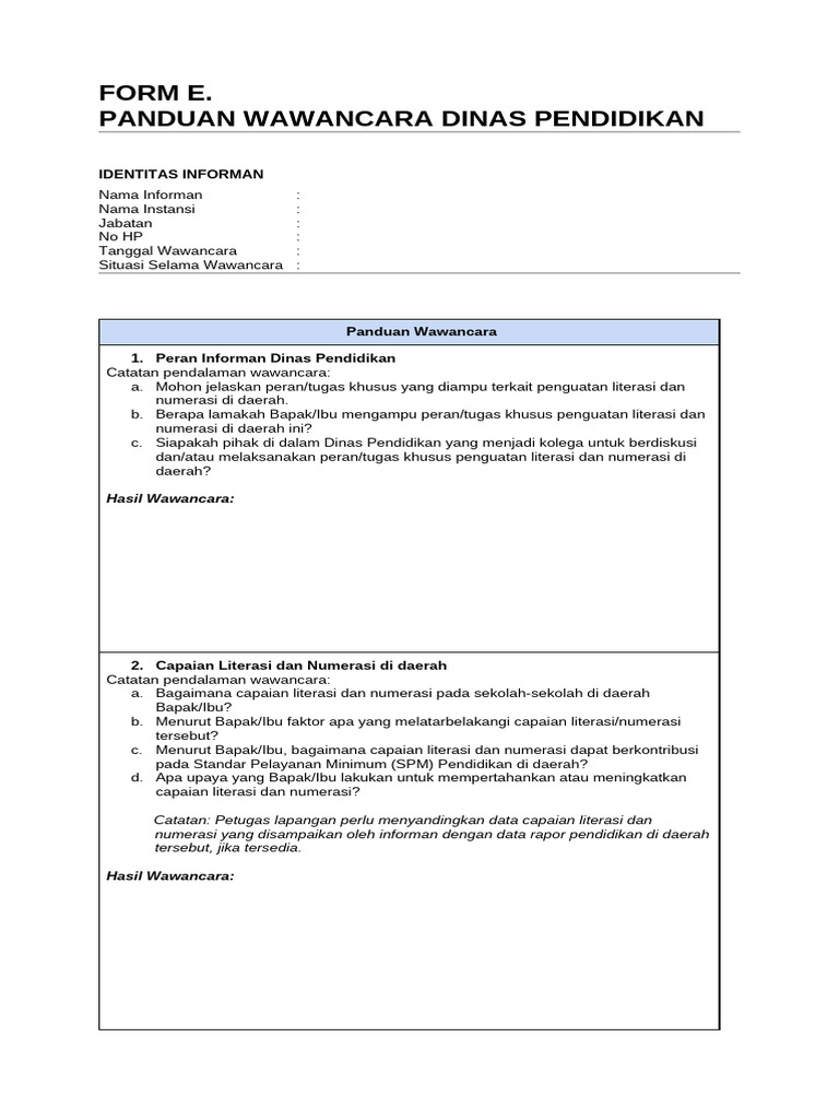 Form E. PDM 10 - UPT - Panduan Wawancara Dinas Pendidikan | PDF