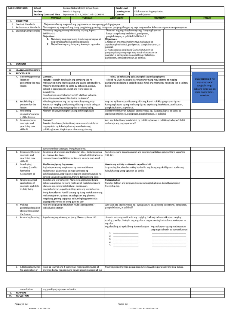 DLL Esp 8 - Second Quarter2 | PDF