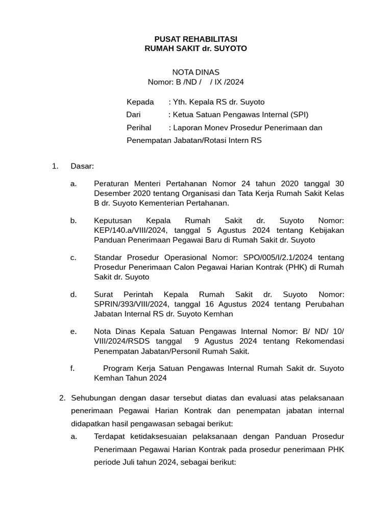 Laporan Monev Penerimaan Pegawai RS Suyoto | PDF