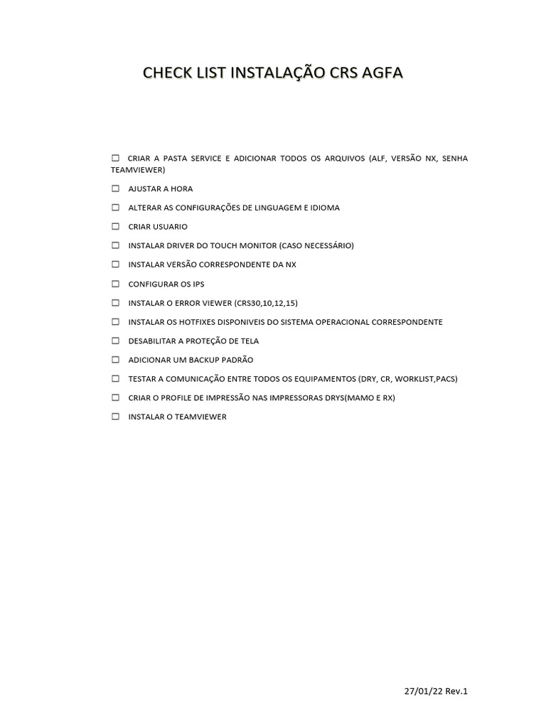 CHECK LIST INSTALAÇAO CR AGFA | PDF