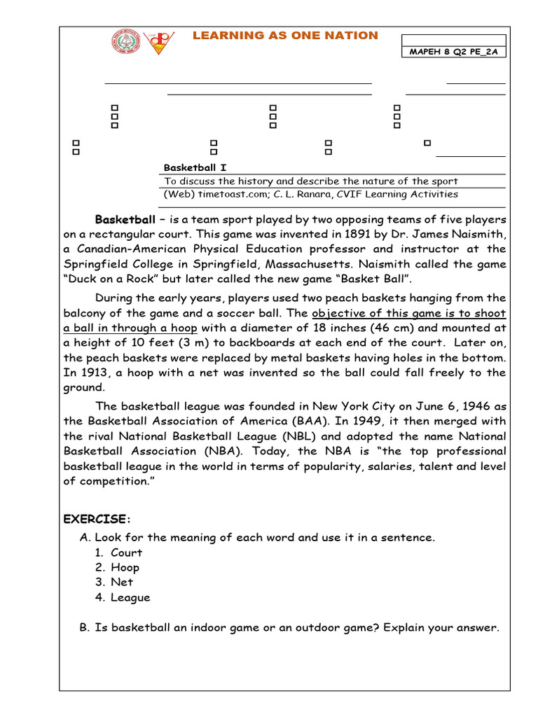 MAPEH 8 Q2 PE LAS 2A Basketball I | PDF | Team Sports | Sports