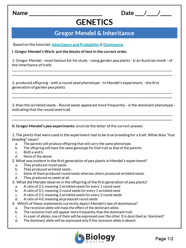 Gregor Mendel and Inheritance Worksheet | PDF | Dominance (Genetics ...