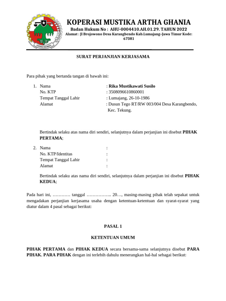 SURAT PERJANJIAN KERJASAMA DAPIN (AutoRecovered) | PDF
