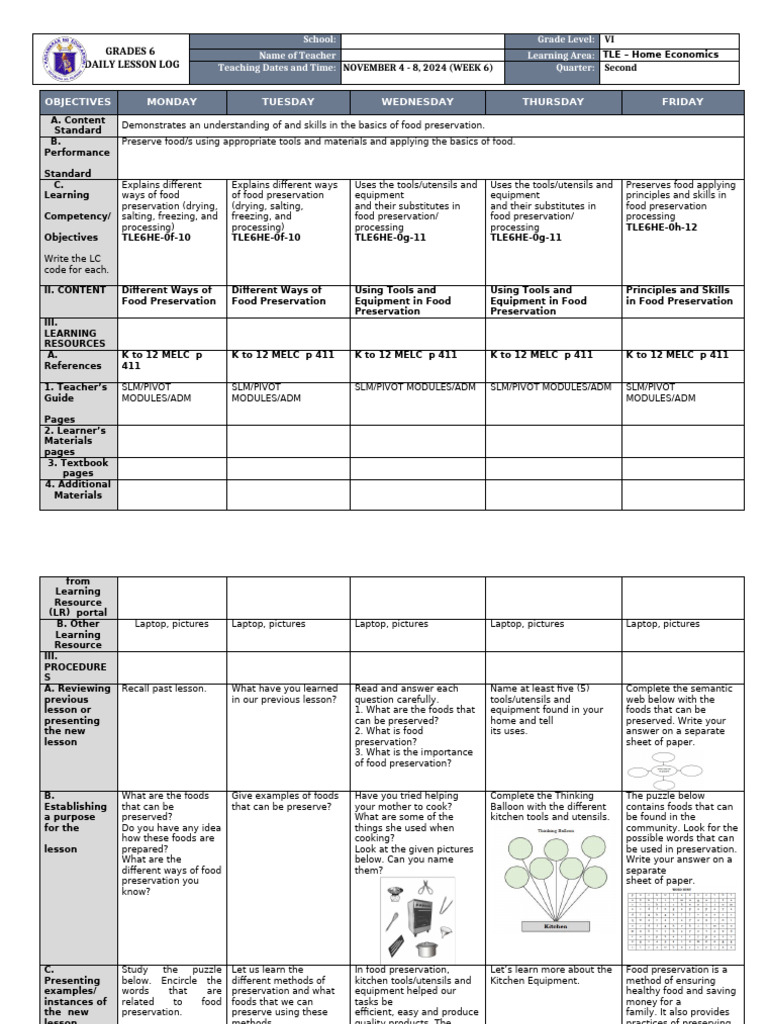 DLL_TLE-HE 6_Q2_W6 v2 | PDF | Pickling | Food Preservation