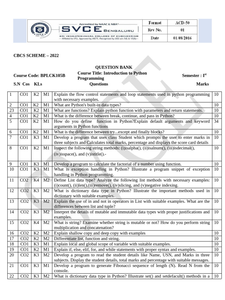 Ipp Bplck105b m1 m2 Question Bank | PDF | Parameter (Computer Programming) | Python (Programming ...