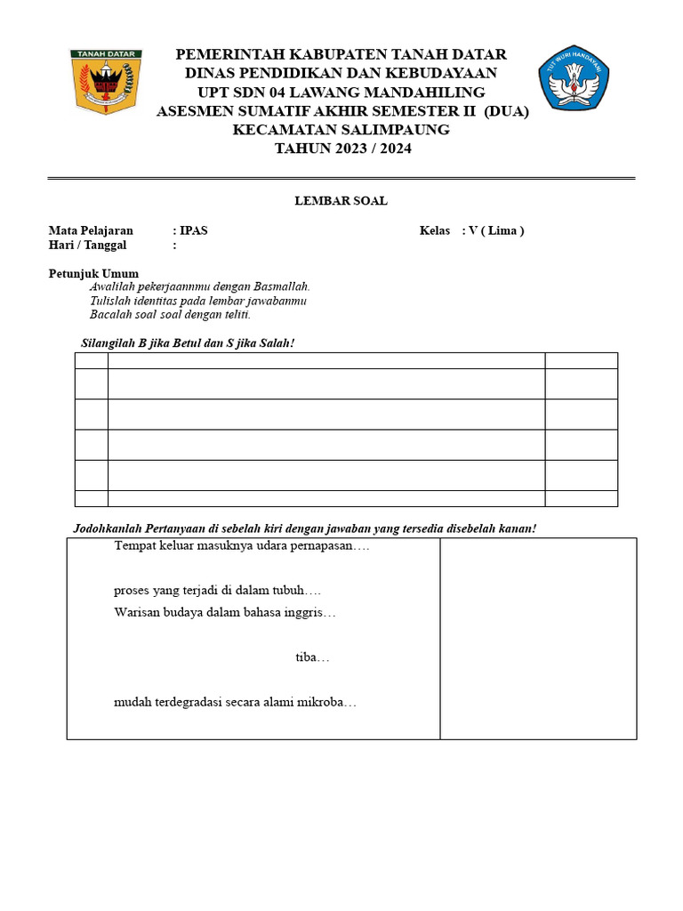 Soal Asesmen Akhir Semester IPAS Kelas V | PDF