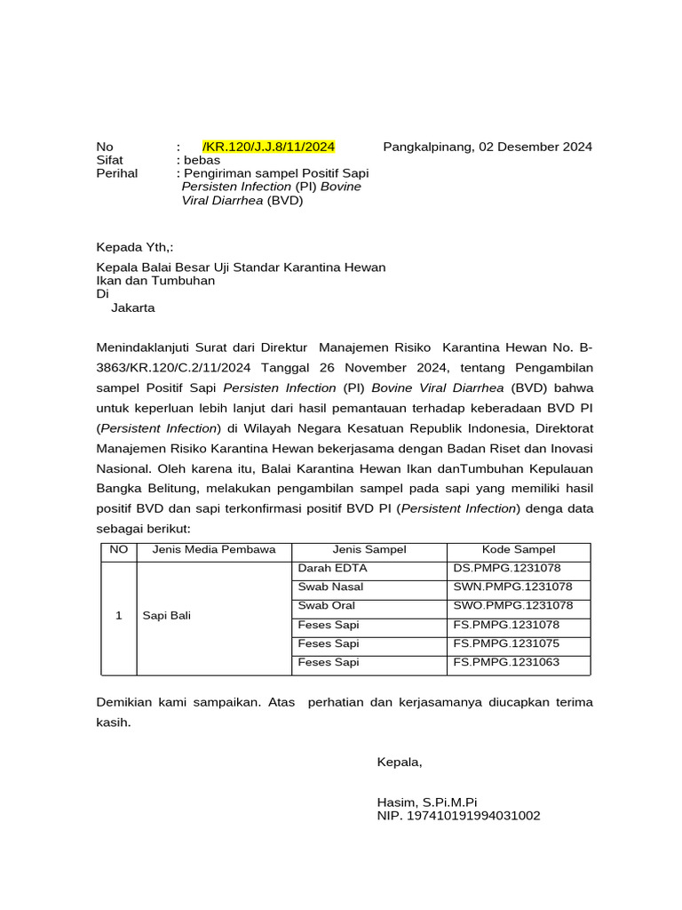 Surat Pengiriman Sampel Pos Bbuskhit | PDF