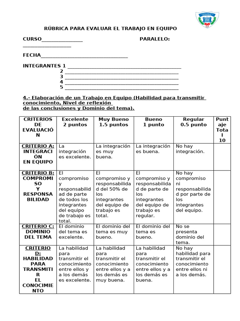 4.-Rúbrica para Evaluar Trabajo en Equipo | PDF