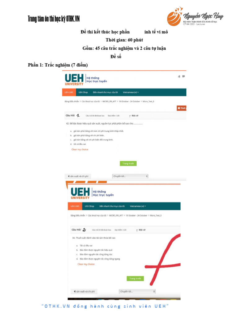 Đề thi kết thúc học phần kinh tế vi mô UEH 2024 - Trung tâm OTHK - Nguyễn Ngọc Huy | PDF