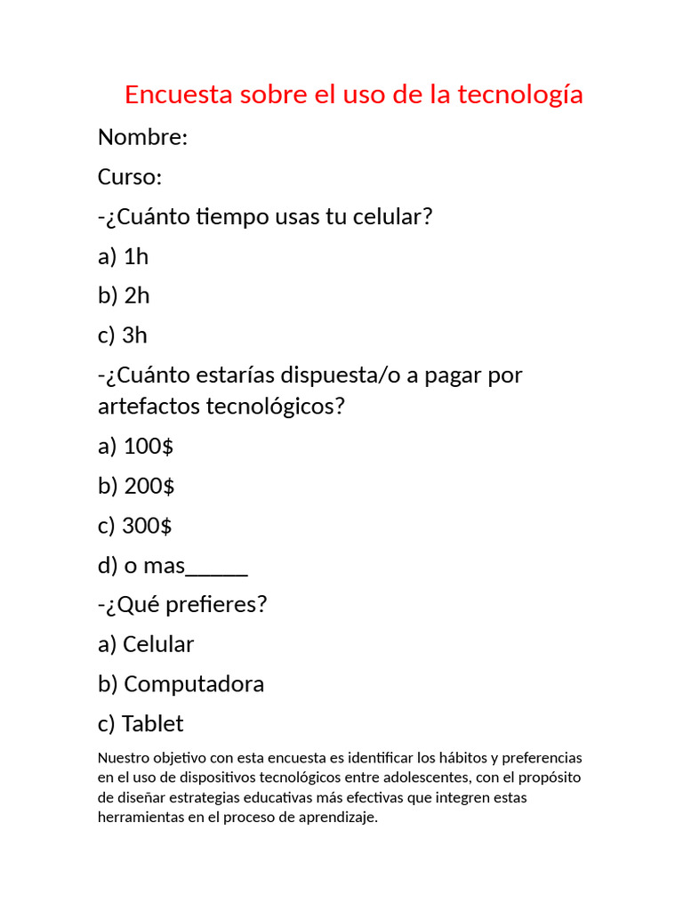 Encuesta Sobre El Uso de La Tecnología | PDF