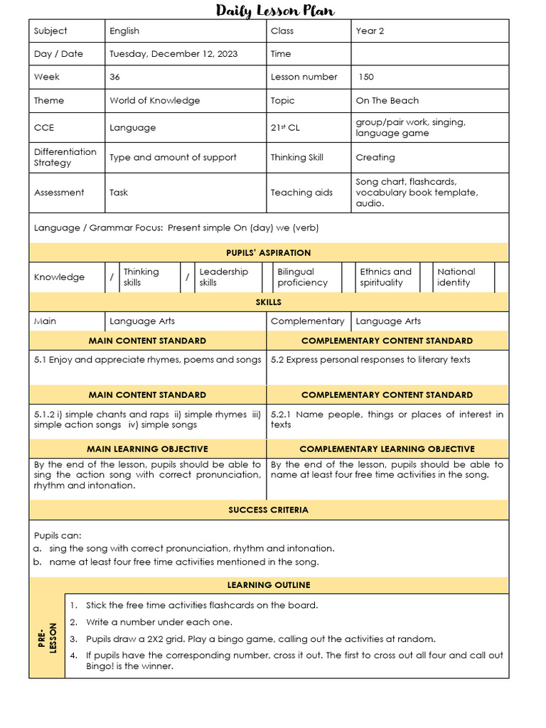 ENGLISH Y2 | PDF | English Studies | Lesson Plan