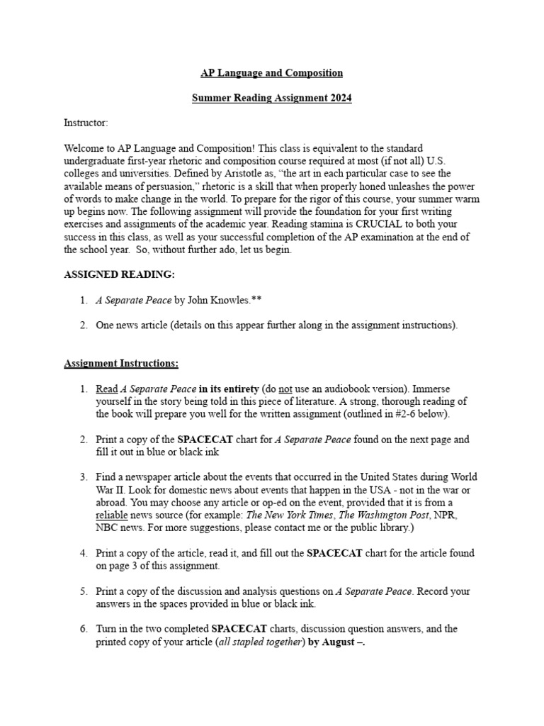 AP Language and Composition Summer Reading Assignment | PDF | Rhetoric ...