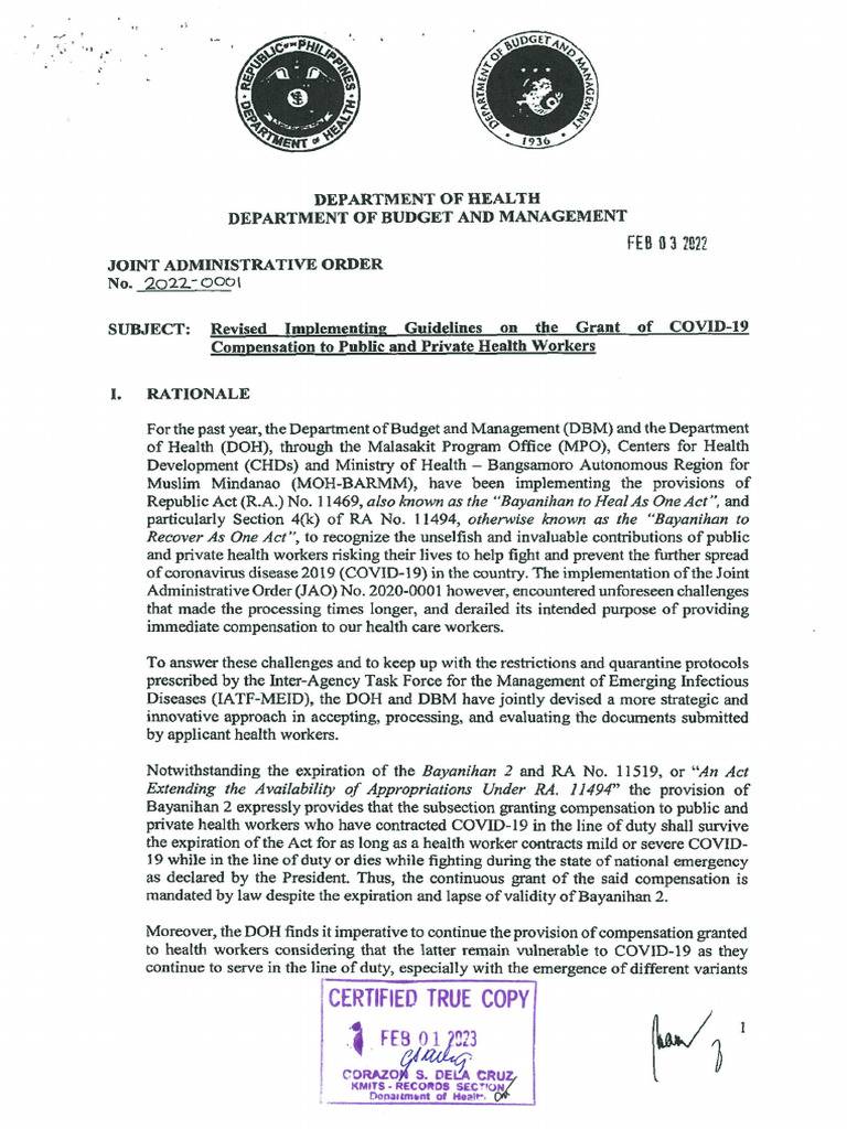 DOH DBM Joint Administrative Order No 2022 0001 Re Revised Implementing Guidelines On The Grant ...